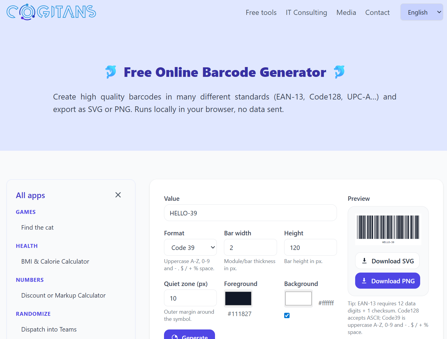 Generate barcodes online in EAN, UPC and Code 128